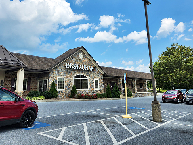 The stone facade of Dutch-Way welcomes hungry travelers like a culinary lighthouse guiding you to comfort food harbor.