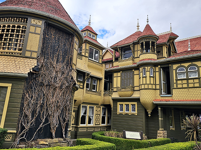 The Winchester Mystery House stands as a Victorian fever dream, its turrets and towers reaching skyward like architectural question marks against the California blue.