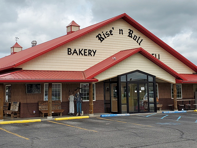 The iconic red-roofed Rise'n Roll Bakery & Deli stands like a beacon of hope for carb enthusiasts across Indiana's Amish country.