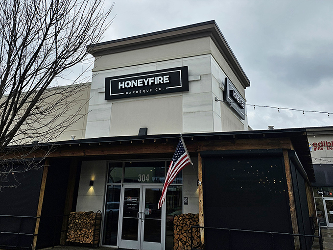 HoneyFire's welcoming exterior combines modern design with rustic charm, like a barbecue joint that went to architecture school but still remembers its roots.