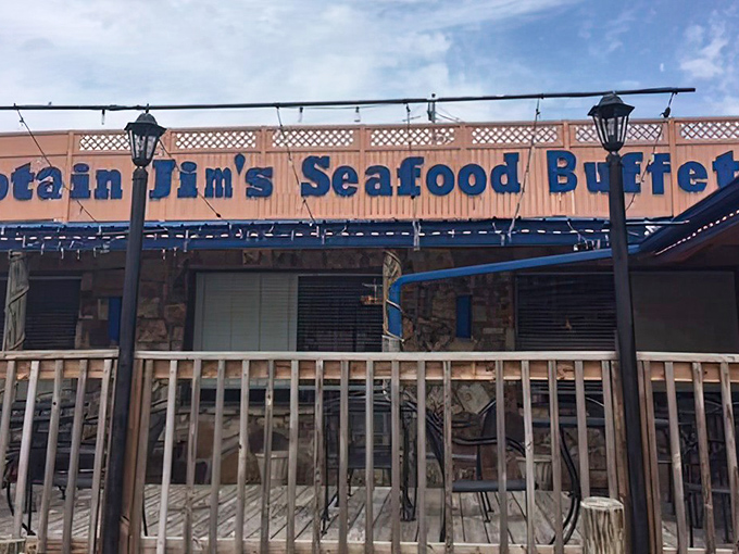 The nautical-themed exterior of Captain Jim's stands like a landlocked lighthouse in Pigeon Forge, beckoning seafood lovers with its promise of oceanic treasures.