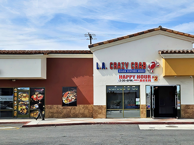 The unassuming exterior of L.A. Crazy Crab belies the seafood treasures within—proof that culinary gems often hide in plain sight along Los Angeles strip malls.