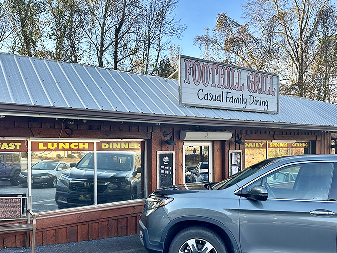The unassuming exterior of Foothill Grill beckons with its "Casual Family Dining" promise – a humble facade hiding breakfast treasures worth the drive.