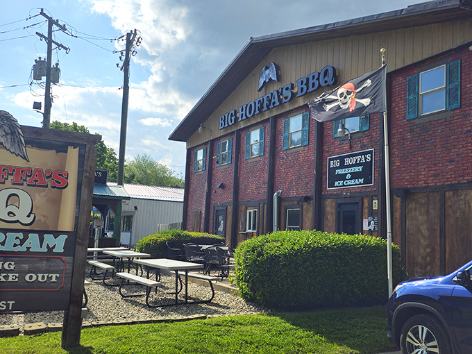 The brick fortress of flavor stands proudly with its pirate flag waving, a beacon for BBQ pilgrims seeking smoky salvation in suburban Westfield.