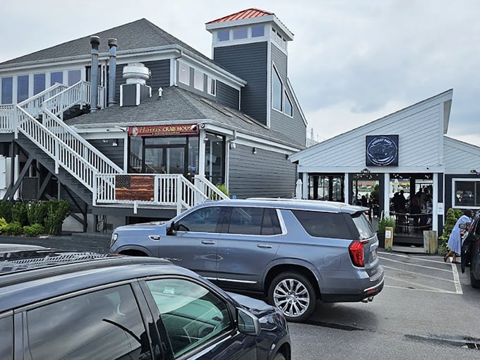 The weathered gray exterior of Harris Crab House stands like a sentry guarding Maryland's seafood secrets. No pretension here&mdash;just the promise of Chesapeake Bay perfection.