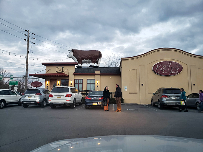 The iconic cow statue standing guard on Kelly's roof isn't just decoration&mdash;it's a beacon calling hungry travelers to this unassuming culinary oasis in Boalsburg.