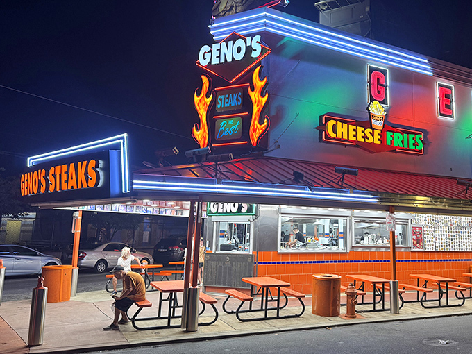 The Vegas Strip meets South Philly in this neon-drenched temple to beef and cheese. Geno's iconic façade promises delicious adventures ahead.