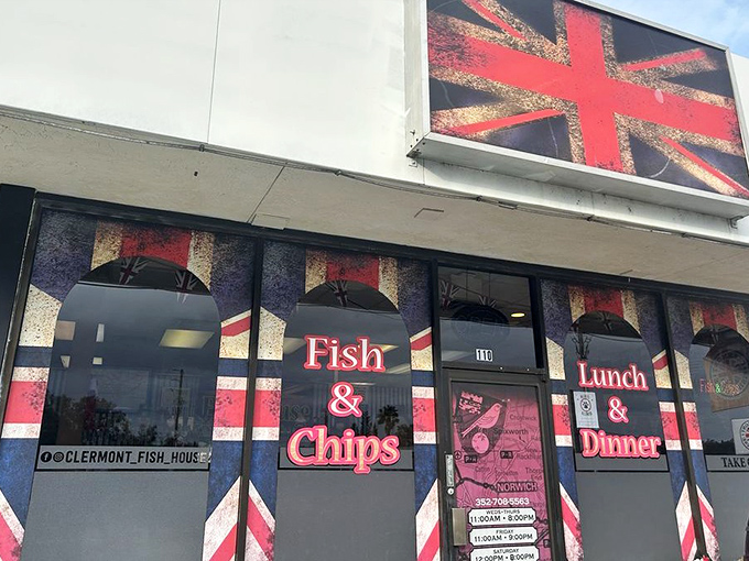 The Union Jack proudly announces your arrival at this little slice of Britain in Clermont. Fish and chips calling your name!