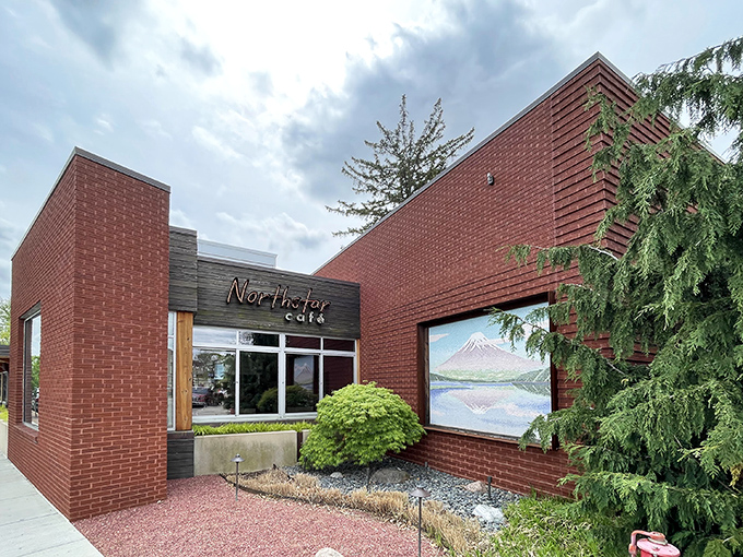 Nestled on a corner in Uptown Westerville, Northstar Caf&eacute;'s brick exterior promises culinary delights within. The American flag adds a touch of hometown charm.