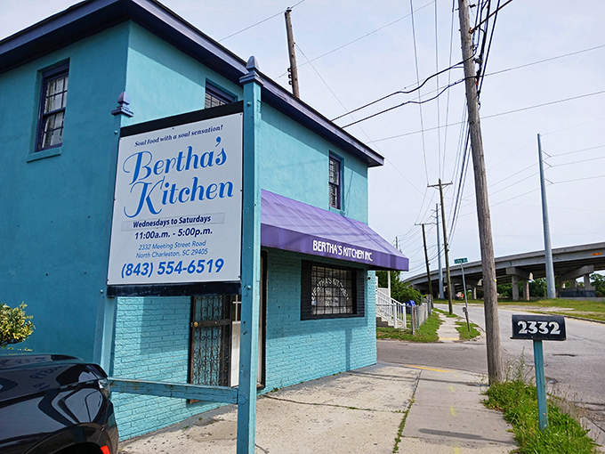 The turquoise beacon of Bertha's Kitchen stands out in North Charleston like a delicious mirage, promising soul food salvation to hungry travelers.