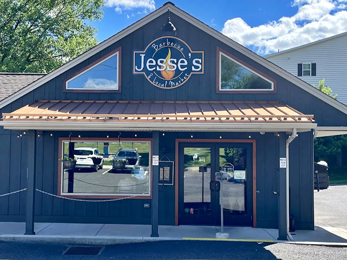 Rustic charm meets serious barbecue at Jesse's wooden cabin-like exterior. Like finding a treasure chest of smoked meats in the Pennsylvania countryside.
