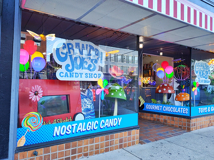 The storefront beckons like a sugar-coated time machine, its colorful window display promising nostalgic treats that'll transport you straight back to childhood.