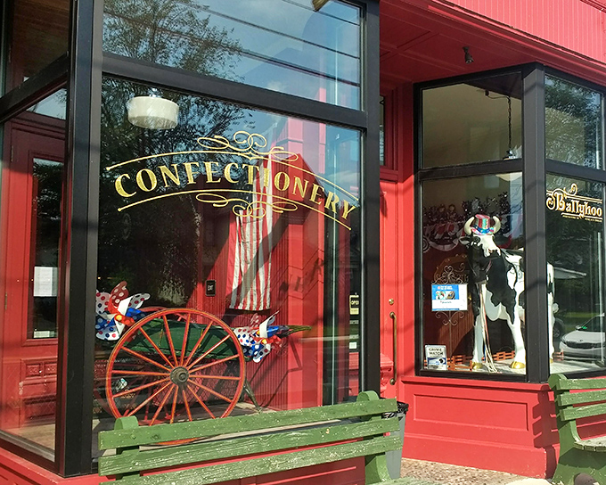 The vibrant red storefront with "CONFECTIONERY" in gold lettering isn't just eye-catching&mdash;it's a portal to your sweetest childhood memories.