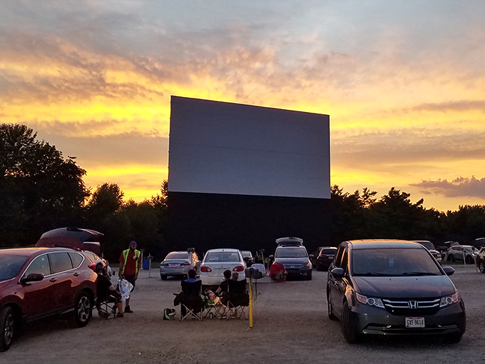 That magical moment when the screen awaits its first flicker of light against an Ohio sunset, promising an evening of cinematic wonder.
