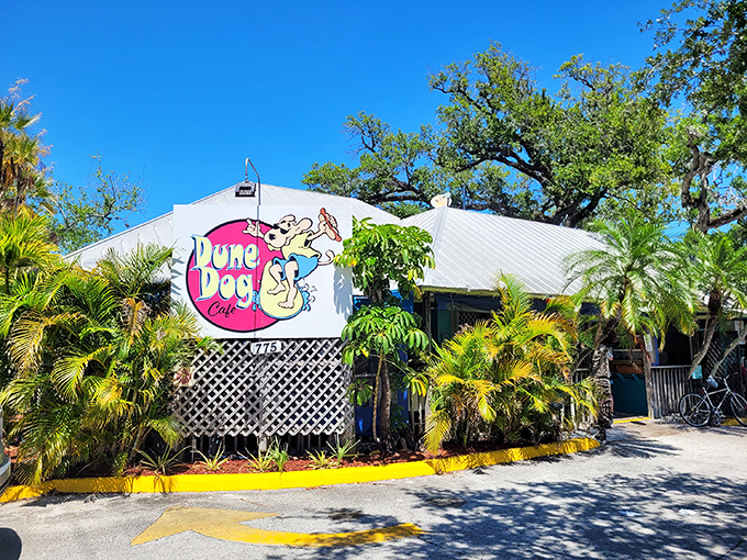 The tropical paradise of Dune Dog Cafe beckons with its vibrant colors and palm-fringed exterior. Florida's answer to the classic beach shack doesn't disappoint.