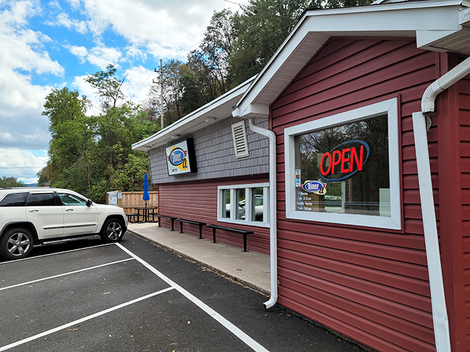 The red-sided sanctuary of comfort food beckons from Route 22. This unassuming exterior houses culinary treasures that locals have cherished for years.