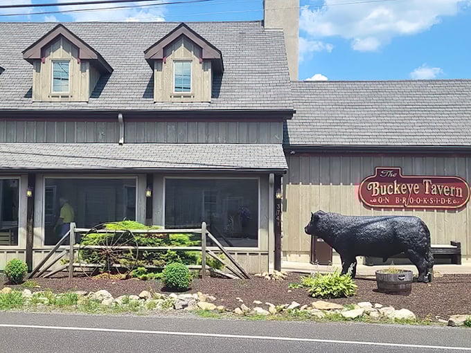The iconic wooden sign of Buckeye Tavern sways gently in the Pennsylvania breeze, a beacon for hungry travelers since the 1700s.