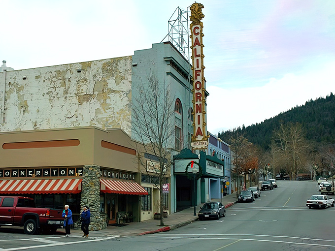 Downtown Dunsmuir looks like a movie set with its iconic California Theatre marquee and vintage town clock. Small-town Americana at its most authentic.