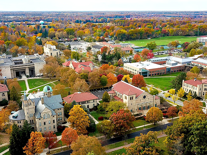 Autumn paints Oberlin College's historic campus with a palette that would make even New England jealous. Academic ambition meets Midwestern charm in this aerial view.