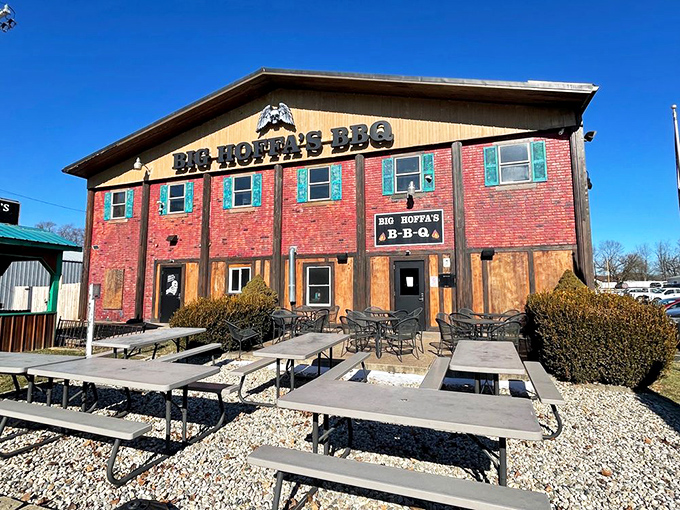 The brick-and-wood exterior of Big Hoffa's looks like what would happen if a pirate ship and a BBQ joint had a delicious baby.