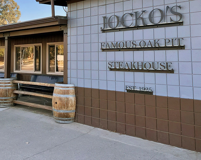 The unassuming exterior of Jocko's promises no frills, just thrills for your taste buds. Those wine barrels aren't just for show&mdash;they're foreshadowing the flavor journey ahead.