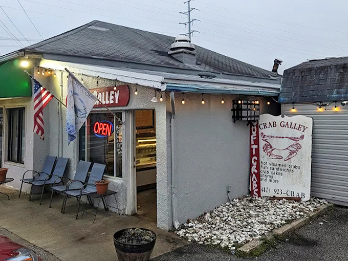 The unassuming exterior of Crab Galley might fool you, but those few chairs outside are Maryland's equivalent of front-row seats at a seafood symphony.