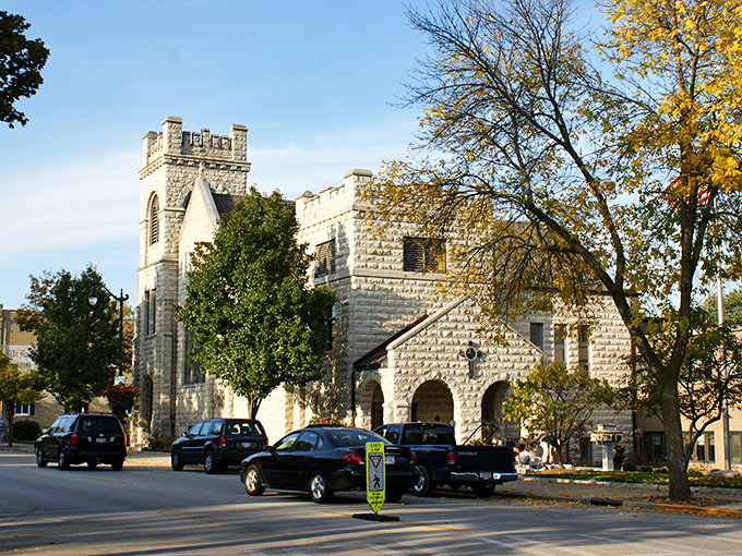 The First Immanuel Lutheran Church stands like a medieval castle dropped into small-town Wisconsin, its limestone walls practically whispering stories from another century.