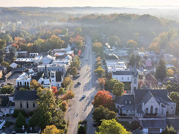 Morning mist embraces Granville like a gentle hug, revealing a perfectly preserved main street that seems to whisper stories from another century.