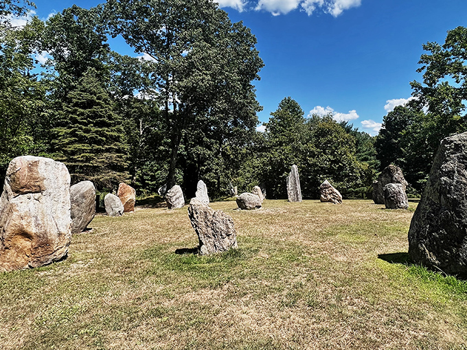 The Bell Tower stands sentinel beside a serene pond, inviting visitors to ring out across this mystical Pennsylvania landscape. Stonehenge meets Zen garden.