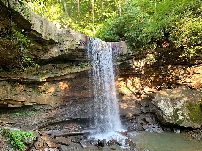 Nature's perfect curtain call: Cucumber Falls cascades 36 feet over ancient sandstone, creating a mesmerizing ribbon of white against the earthy backdrop.