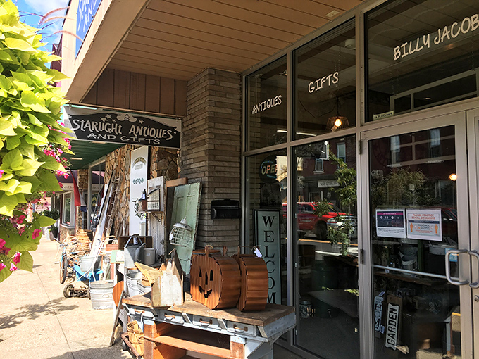 The welcoming storefront of Starlight Antiques beckons with its charming display of vintage treasures, like an old friend inviting you in for coffee and conversation.