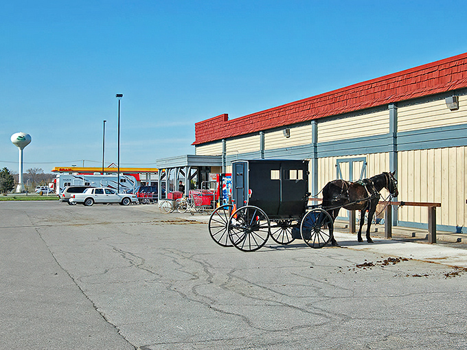 Where worlds collide: An Amish buggy parked outside a modern convenience store perfectly captures Nappanee's unique blend of past and present.