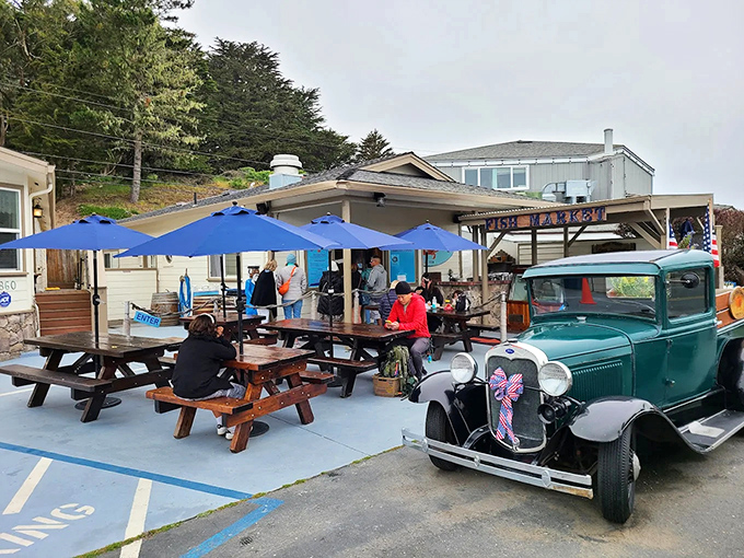 The unassuming seafood sanctuary where vintage trucks meet hungry pilgrims. Blue umbrellas shield diners from fog while the aroma of fresh crab works its magic.