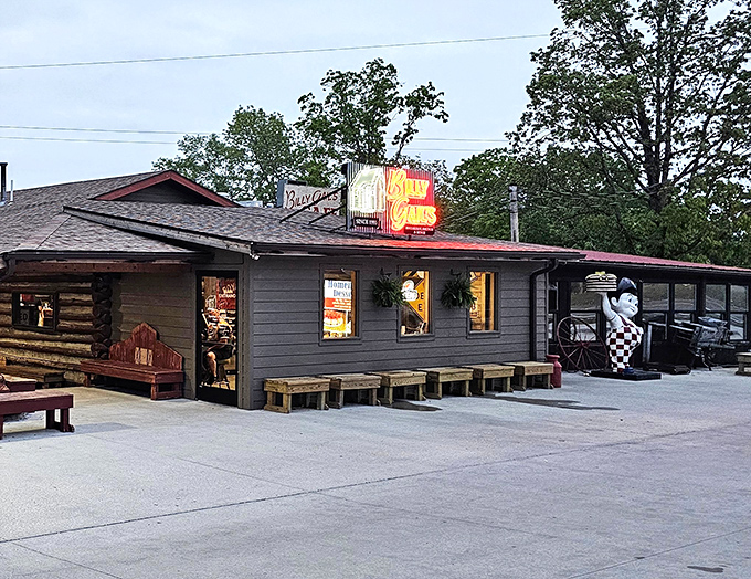 The unassuming log cabin exterior of Billy Gail's belies the breakfast magic happening inside. Like finding a treasure chest disguised as a toolshed.