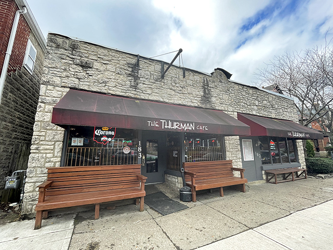 This unassuming stone facade hides Columbus's most legendary burger destination in plain sight.
