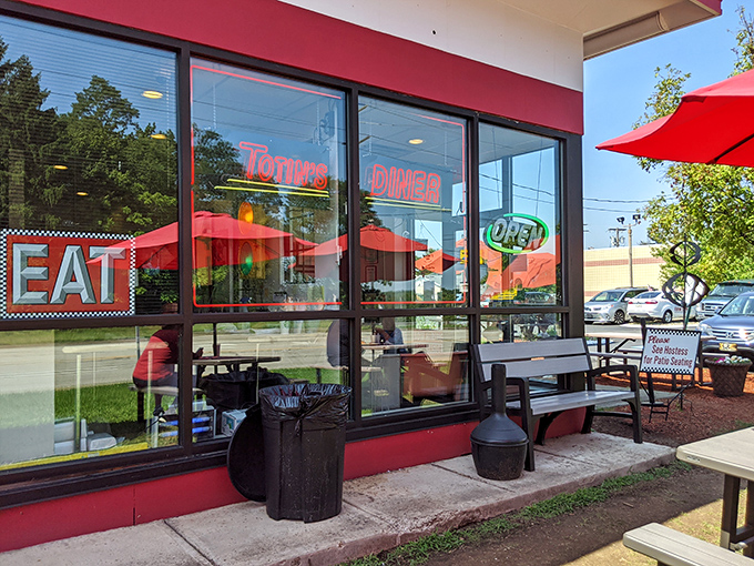 Classic red and glass facade promises comfort food adventures that'll make your taste buds sing hallelujah.