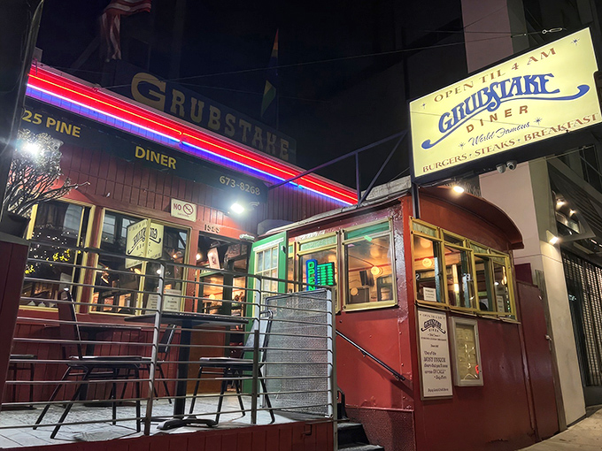 The neon-lit exterior of Grubstake Diner glows like a beacon for night owls, promising comfort food salvation in a converted railroad car that's pure San Francisco charm.