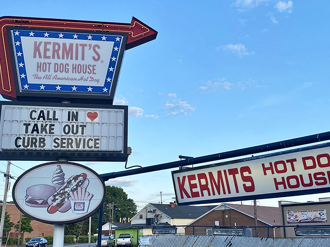 The patriotic sign beckons like a North Star for hot dog pilgrims. Kermit's iconic red, white, and blue marquee has guided hungry travelers for generations.