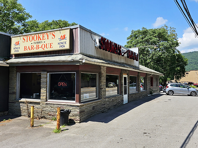 The unassuming stone exterior of Stookey's has been beckoning barbecue pilgrims since 1926. Like a smoky siren call for hungry travelers on Route 11.
