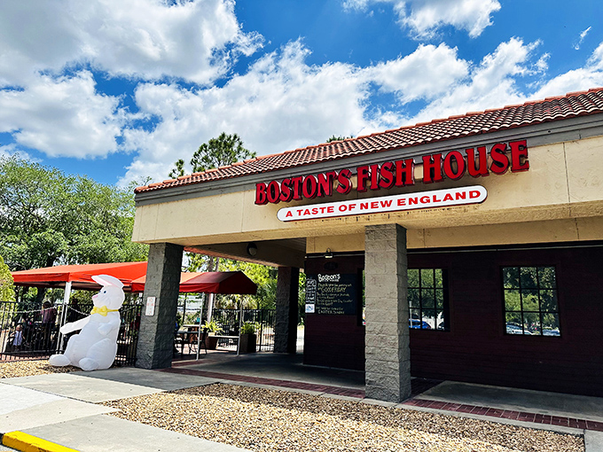 The iconic red lettering of Boston's Fish House beckons seafood lovers, while that inflatable polar bear stands guard in the Florida heat&mdash;a delightfully puzzling sentinel.