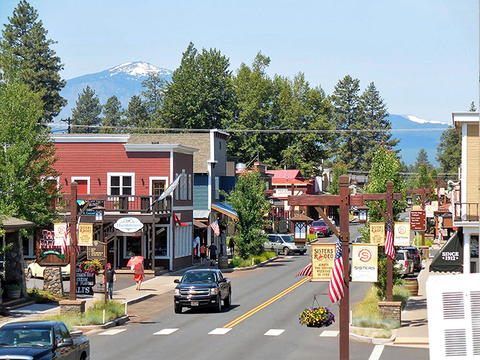 The view that makes house-hunters weep with joy: Sisters' downtown framed by the majestic Three Sisters mountains, nature's ultimate backdrop for small-town charm.