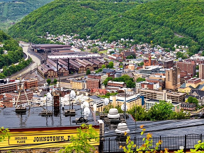 Perched above the valley, Johnstown unfolds like a storybook town nestled between emerald hills, with the famous Inclined Plane offering the best seats in the house.
