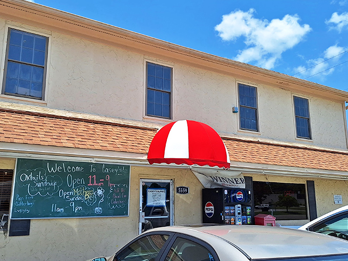 The unassuming exterior of Casey's Buffet & BBQ &ndash; where culinary magic happens behind a modest fa&ccedil;ade. Southern food paradise awaits inside!