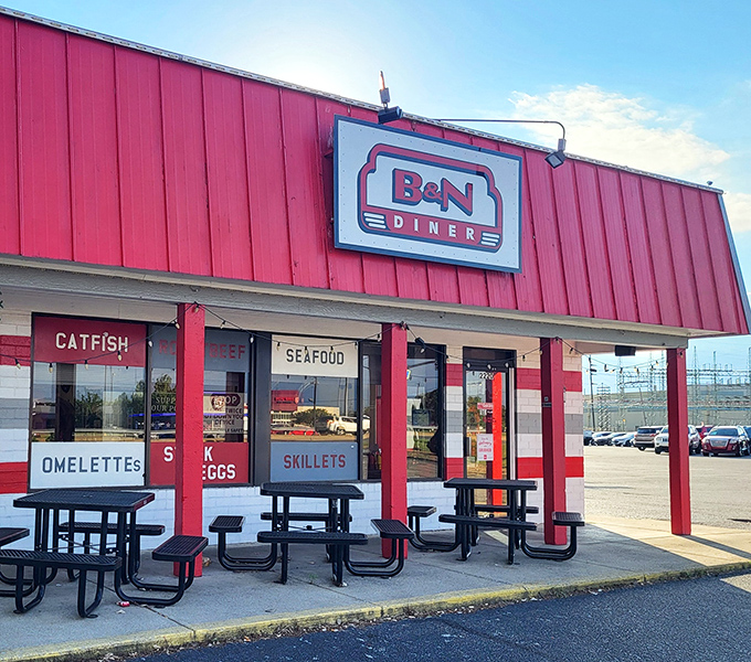 The bright red exterior of B&N Diner stands like a beacon of breakfast hope on a gray Indiana morning. Classic diner perfection awaits inside.