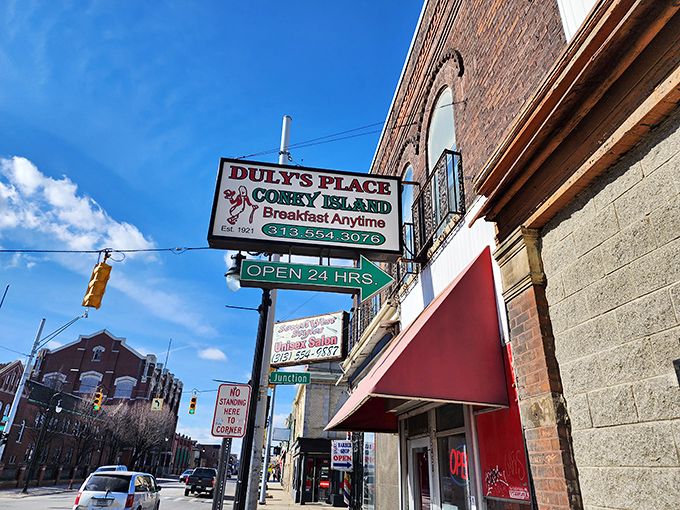 The corner brick building stands like a time capsule of Detroit dining history, beckoning hungry travelers with unpretentious charm.