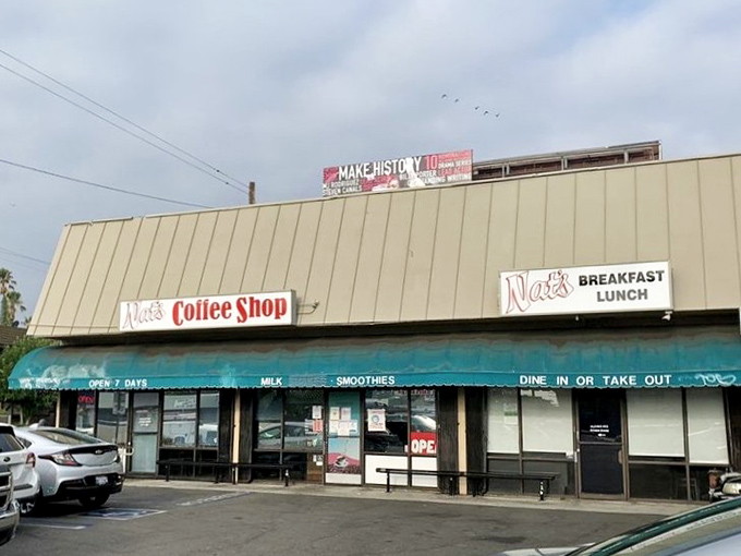 The unassuming exterior of Nat's Early Bite in Sherman Oaks &ndash; where breakfast dreams come true behind a modest storefront that screams "locals know best."