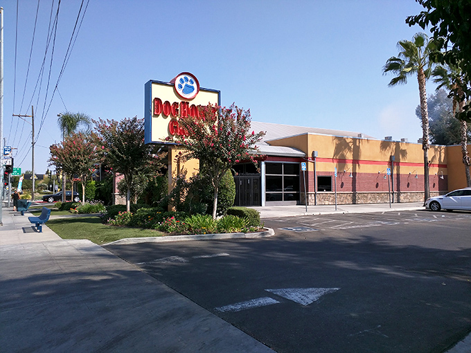 The iconic blue paw print sign welcomes hungry pilgrims to Dog House Grill, Fresno's temple of smoke and flame.