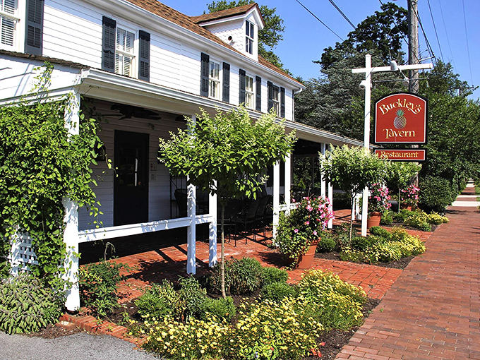 The classic white clapboard exterior of Buckley's Tavern welcomes you like an old friend who happens to make incredible crab cakes.