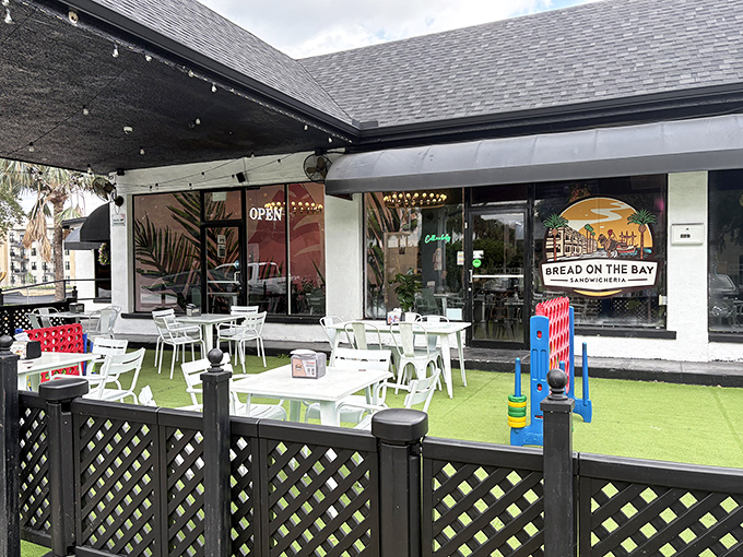 The patio at Bread On The Bay feels like Florida's answer to European caf&eacute; culture&mdash;artificial turf included! Connect Four tournaments optional but highly recommended.