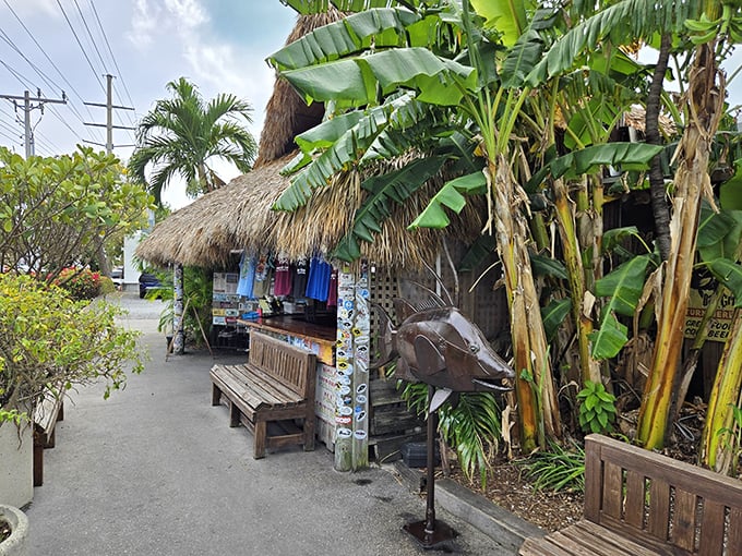 The thatched-roof entrance to Hogfish Bar & Grill feels like stumbling upon a secret clubhouse where the password is "fresh seafood."